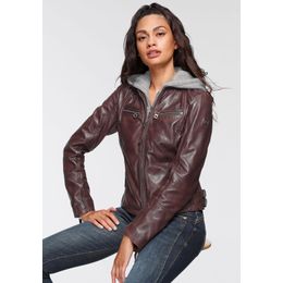 Lederjacke Mauritius "NOLA", Damen, Gr. S (36), rot (bordeaux), Obermaterial: 100% Schafsleder. Futter: 100% Baumwolle. Kapuze: 55% Polyester, 45% Baumwolle. &Auml;rmelfutter: 100% Polyester, kontrastfarbene Details, sehr figurbetont kurz, Rundhals, 2-Naht-&Auml;rmel mit Rei&szlig;verschluss, Jacken, Two-in-One Style - mit abnehmbarer Jersey-Kapuze