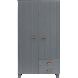 Kleiderschrank Woood "Dennis mit geb&uuml;rsteter Oberfl&auml;che und Schubladen (2-t&uuml;rig)", stahlgrau, B:111cm H:202cm T:55cm, FSC-zertifizierter Holzwerkstoff, Schr&auml;nke, Kleiderschrank, FSC Massivkiefer, geb&uuml;rstet, Hang- und Legbereich mit Schubladen