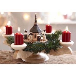 Adventsleuchter Albin Preissler "mit Seiffener Kirche, Handwerkskunst aus dem Erzgebirge", beige (natur), B:29cm H:26cm T:29cm, Massivholz, Kerzenhalter, Weihnachtsdeko aus Eschenholz