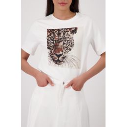 T-Shirt monari "Shirt Leo", Damen, Gr. 34, wei&szlig; (ecru), Web, Obermaterial: 95% Viskose, 5% Elasthan, unifarben, regular fit taillenbedeckt, Rundhals, eingesetzt abgesteppte Kante, Shirts T-Shirt, Regular fit mit Leoparden-Print