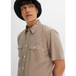 Kurzarmhemd bonprix "Kurzarmhemd aus reiner Baumwolle", Herren, Gr. 43/44 (XL), N-Gr, braun (taupe), Obermaterial: 100% Baumwolle, regular fit, Hemden, Regular Fit, aus Baumwolle, mit Brusttaschen, Kentkragen