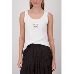Tanktop monari "Top Krebs", Damen, Gr. 38, ecru, Web, Obermaterial: 65% Polyester, 30% Viskose, 5% Elasthan, unifarben, regular fit taillenbedeckt, Rundhals, Tops Tanktop, Regular fit mit Strass-Krebs