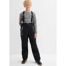 bonprix wasserdichte Funktionshose mit Hosentr&auml;gern und reflektierende Details, schwarz, Gr.170, Komfortable warm gef&uuml;tterte und wasserfeste Kinder Skihose mit Hosentr&auml;gern