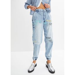 bonprix Barrel-Jeans Mid Waist Bequembund, blau, Gr.50, L&auml;ssige Barrel Jeans mit sommerlichem Print, 82% Baumwolle