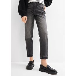bonprix Mom Jeans High Waist Low Stretch cropped, schwarz, Gr.50, Mom Jeans mit hohem Bund aus einem festen Baumwolldenim, der sich zun&auml;chst etwas steif anf&uuml;hlt und durch h&auml;ufiges Tragen weicher und lockerer wird., 99% Baumwolle