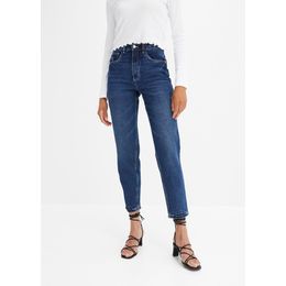 bonprix Mom Jeans High Waist Low Stretch cropped, blau, Gr.42, Mom Jeans mit hohem Bund aus einem festen Baumwolldenim, der sich zun&auml;chst etwas steif anf&uuml;hlt und durch h&auml;ufiges Tragen weicher und lockerer wird., 99% Baumwolle