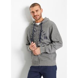 bonprix Kapuzen-Sweatjacke mit Komfortschnitt, grau, Gr.48/50 (M), Angesagte Sweatjacke mit Komfortschnitt, gro&szlig;en Print und kontrastfarbendem Kordelzug, 70% Baumwolle