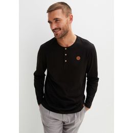 bonprix Langarm-Henleyshirt aus reiner Bio-Baumwolle (2er Pack), schwarz, Gr.52/54 (L), Angesagte Henleyshirt-Packung mit sch&ouml;nen Lederimitat-Details, maschinenwaschbar, aus 100% Baumwolle