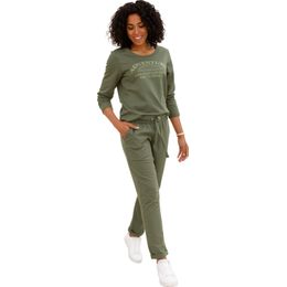 Damen Sweatshirt mit platziertem Schriftzug khaki-schilf, Gr&ouml;&szlig;e 56