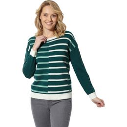 Damen Rundhalspullover mit Jacquard-Streifen-Muster petrol-salbei-gemustert, Gr&ouml;&szlig;e 54