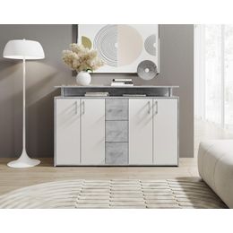 HBZ-MEBLE Sideboard HBZ "Drivno Sideboard, B/H/T 139x90x34 cm", beton, wei&szlig;, B:139cm H:90cm T:34cm, Holzwerkstoff, Sideboards, Sideboard, Breite 139cm, Kugelauszug, Einlegeb&ouml;den verstellbar, 3 Schubk&auml;sten