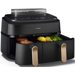 Philips Hei&szlig;luftfritteuse "NA555/00 Steam Airfryer 5000 Series Dual Basket, 9L Kapazit&auml;t (3L+6L)", grau (edelstahl, kupfer), B:44,39cm H:38,25cm T:35,17cm, Fritteusen, mit Dampfgar-Funktion; Silber/Edelstahl