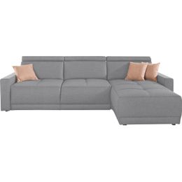 Ecksofa DOMO collection "Ava mit moderner Sitzheftung & toller Doppelnaht, komfortabel, L-Form", grau, B:262cm H:84cm T:167cm, Kunstleder SOFTLUX;Struktur fein (100% Polyester);Zierkissen: Microfaser PRIMABELLE (100% Polyester);Struktur (100% Polyester);Microfaser PRIMABELLE (100% Polyester), Sofas, Ecksofa, mit Recamiere, inkl. Federkern, wahlweise mit Kopfteilverstellungen
