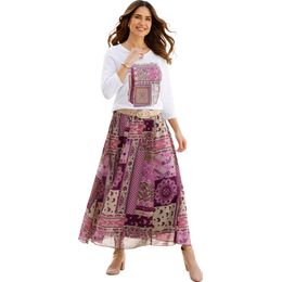 Damen 3/4-Arm-Shirt mit Patchwork-Muster wei&szlig;-traube, Gr&ouml;&szlig;e 46