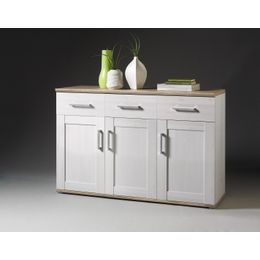 HBZ-MEBLE Sideboard HBZ "Romance im Landhaustil, Wohnzimmerschrank BxHxT 140x88x45 cm", wei&szlig; (sibiu l&auml;rche, ober und unterboden san remo hell), B:140cm H:88cm T:45cm, Holzwerkstoff, Sideboards, Sideboard, Mit 3 T&uuml;ren, 3 Schubk&auml;sten und 3 Einlegeb&ouml;den