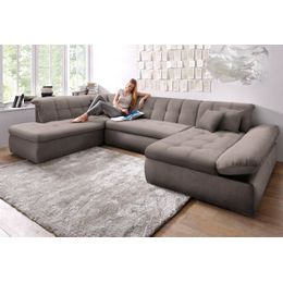 Wohnlandschaft DOMO collection "NMORIC im XXL-Format, 353x216x80 cm, inkl. Zierkissen U-Form", grau (taupe), B:353cm H:80cm T:216cm, Microfaser PRIMABELLE (100% Polyester);Chenille (85% Polyester, 15% Acryl);Luxus-Microfaser (100% Polyester);Struktur ( 100% Polyester), Sofas, Wohnlandschaft, wahlweise mit Bettfunktion und Armlehnenverstellung