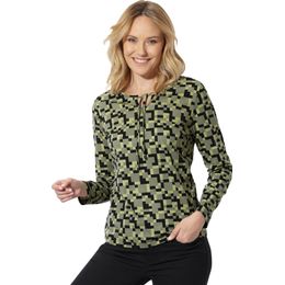 Damen Langarmshirt mit Bindeband am Ausschnitt khaki-schwarz-bedruckt, Gr&ouml;&szlig;e 56