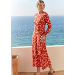 Maxikleid Tamaris "aus elastischer Viskosemischung, taillierte Passform", Damen, Gr. 46, N-Gr, rot (rostrot gebl&uuml;mt), Jersey, Obermaterial: 95% Viskose, 5% Elasthan, gemustert, figurbetont lang, Rundhals, gesmokt, Kleider Maxikleid, mit stilvollem Muster, ideal f&uuml;r die &Uuml;bergangszeit