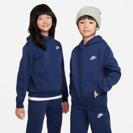 Kapuzensweatshirt Nike Sportswear "K NSW CLUB FLC HDY LBR", M&auml;dchen, Gr. S (128/134), blau (midnight navy, wei&szlig;), angeraute Sweatware, Obermaterial: 80% Baumwolle, 20% Polyester, unifarben, Basic normal, Rundhals, angesetztes B&uuml;ndchen, Sweatshirts, f&uuml;r Jugendliche, mit K&auml;ngurutasche, Basic-Passform