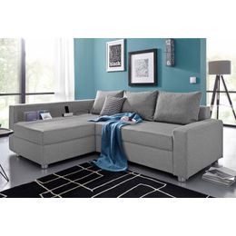 Ecksofa Collection AB "Relax L-Form, B: 223 cm", grau (hellgrau), B:223cm H:84cm T:91cm, Zierkissen: 100%Polyester;Struktur (100% Polyester);Microfaser PRIMABELLE (100% Polyester);Kunstleder SOFTLUX / Struktur (80% Polyester, 20% Acryl);Microfaser PRIMABELLE (100% Polyester) / Struktur (80% Polyester, 20% Acryl), Sofas, Ecksofa, Bettfunktion, Bettkasten, Regalelement & 1 Zierkissen, optional Licht