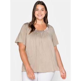 T-Shirt sheego "T-Shirt", Damen, Gr. 40/42, beige, 95% Viskose, 5% Elasthan, unifarben, Rundhals, Shirts T-Shirt