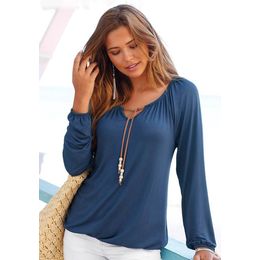 s.Oliver Langarmshirt 'mit Bindeband in Lederoptik am Ausschnitt, Boho-Style' blau Gr. 52/54 f&uuml;r Damen. Mit V-Ausschnitt. Figurumspielend