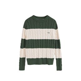 Strickpullover schlammgr&uuml;n und ecru gestreift mit Zopfmuster und Polo Club-Patch