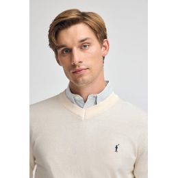 Pullover ecru aus Wollgemisch mit V-Ausschnitt und gesticktem Rigby Go-Logo