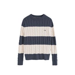 Strickpullover denimblau und ecru gestreift mit Zopfmuster und Polo Club-Patch