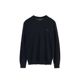 Pullover marineblau aus Wollgemisch mit V-Ausschnitt und gesticktem Rigby Go-Logo