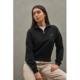 Pullover schwarz mit halbem Rei&szlig;verschluss aus Baumwolle