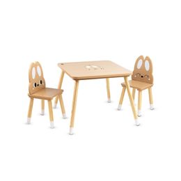 Moni Kinder Tischset 2 St&uuml;hle Hase aus Holz Stauraum Kindersitzgruppe ab 3 Jahre braun