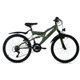 Jugendfahrrad WYLD "WYLD Kinder-Mountainbike Fully ATB 24'' Zodiac gr&uuml;n 18 G&auml;nge RH 38 cm" Gr. 38, gr&uuml;n, schwarz, Fahrr&auml;der, Kinder, 38cm, 24 Zoll (60,96cm) hinten: 24 Zoll (60,96cm)
