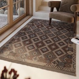Wollteppich GREEN LOOOP "Migny", braun (hellbraun), B:80cm H:5mm L:150cm, Wolle, Teppiche, Fransen, Kelim, handgewebt, Natur, Wohnzimmer, Schlafzimmer, Raute