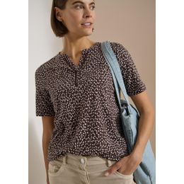 Kurzarmshirt Cecil, Damen, Gr. L (42), braun (braun cacao), Jersey, Obermaterial: 100% Baumwolle, bedruckt, normal h&uuml;ftbedeckend, Rundhals, abgesteppte Kante, Shirts, Sommershirt mit Split Neck und Minimalprint