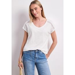 Kurzarmshirt Street One, Damen, Gr. 34, sanftes wei&szlig;, Jersey, Obermaterial: 50% Baumwolle, 50% Modal, unifarben, l&auml;ssig geschnitten h&uuml;ftbedeckend, V-Ausschnitt, abgesteppte Kante, Shirts, Sommershirt mit V-Neck und Crochet-Details