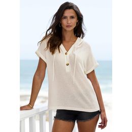 Strandshirt Lascana "aus b&uuml;gelfreiem Waffelstrick", Damen, Gr. 32/34, beige (creme), Strick, Obermaterial: 64% Polyester, 34% Viskose, 2% Elasthan, leicht transparent, unifarben, l&auml;ssig geschnitten normal, V-Ausschnitt, Shirts, mit Kapuze und Knopfleiste