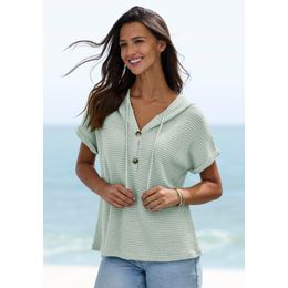 Strandshirt Lascana "aus b&uuml;gelfreiem Waffelstrick", Damen, Gr. 32/34, blau (mint), Strick, Obermaterial: 64% Polyester, 34% Viskose, 2% Elasthan, leicht transparent, unifarben, l&auml;ssig geschnitten normal, V-Ausschnitt, Shirts, mit Kapuze und Knopfleiste