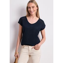 Kurzarmshirt Street One, Damen, Gr. 34, tiefblau, Jersey, Obermaterial: 50% Baumwolle, 50% Modal, unifarben, l&auml;ssig geschnitten h&uuml;ftbedeckend, V-Ausschnitt, abgesteppte Kante, Shirts, Sommershirt mit V-Neck und Crochet-Details