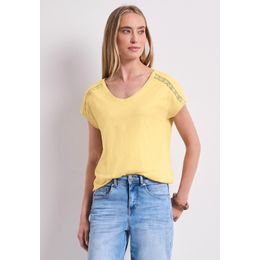 Kurzarmshirt Street One, Damen, Gr. 34, soft gelb, Jersey, Obermaterial: 50% Baumwolle, 50% Modal, unifarben, l&auml;ssig geschnitten h&uuml;ftbedeckend, V-Ausschnitt, abgesteppte Kante, Shirts, Sommershirt mit V-Neck und Crochet-Details