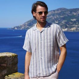 LANDS' END Premium Reinleinen-Hemd mit Kuba-Kragen, Herren,  Blau, Baumwolle/Leinen, by Lands' End