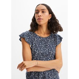 T-Shirt bonprix, Damen, Gr. 44/46 (L), blau (dunkelblau, wei&szlig; gebl&uuml;mt), Jersey, Obermaterial: 95% Viskose, 5% Elasthan, bedruckt, gebl&uuml;mt, bequem h&uuml;ftbedeckend, Rundhals, Shirts T-Shirt, bequeme Passform, Kurzarm-Design, mit Volant&auml;rmeln