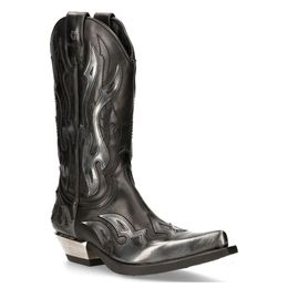 New Rock Flame Biker-Cowboystiefel aus schwarzem/silbernem Leder mit Akzent &ndash; ​​M-7921-S3