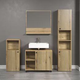 Badm&ouml;bel-Set Welltime "Amrum Waschbeckenunterschrank Spiegel Hochschrank Badschrank", eiche, B:180cm H:186cm T:42cm, Glas, Holzwerkstoff, Kunststoff, Metall, Kastenm&ouml;bel-Sets, Badm&ouml;bel-Set, 4-teiliges Badm&ouml;bel-Set Eiche Rillenoptik - Ma&szlig;e (B/T/H) 180/42/186 cm
