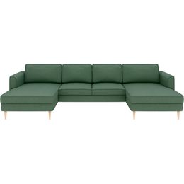 Wohnlandschaft Home Affaire "Booster, whlw. mit Schlaffunktion & Bettkasten, Fu&szlig; Buche lackiert", gr&uuml;n (dunkelgr&uuml;n), B:305cm H:83cm T:161cm, 100% Polyester, Sofas, Wohnlandschaft, Sofa in U-Form, Breite 305 cm, in Cord oder Struktur