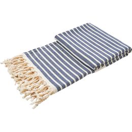 Plaid done. "Lounge Stripes", blau (navy, beige), B:100cm L:180cm, Baumwolle, Wohndecken, Leichtes Plaid mit geknoteten Fransen