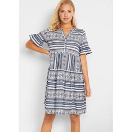 Shirtkleid bonprix, Damen, Gr. 40/42 (M), N-Gr, wei&szlig; (wei&szlig;, dunkelblau bedruckt), Web, Obermaterial: 50% Baumwolle, 50% Viskose, bedruckt, l&auml;ssig geschnitten lang, V-Ausschnitt, Kleider Shirtkleid, mit All-Over Print, aus Viskosemischung, l&auml;ssig geschnitten