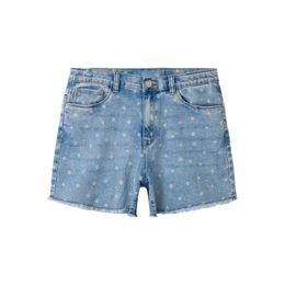 Jeansshorts name it "NKFROSE HW MOM DNM SHORTS", M&auml;dchen, Gr. 140, N-Gr, medium blau denim aop:flower, Denim/Jeans, Obermaterial: 74% Baumwolle, 24% Polyester, 1% Elasthan, 1% Viskose, bedruckt, regular fit kurz, Jeans Jeansshorts, Baumwollmischung, Stretch, Regular Fit, ausgefranster Saum
