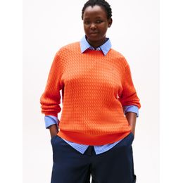 Strickpullover Tommy Hilfiger Curve "CRV CO CABLE FINE GG C-NK LS SWT", Damen, Gr. 46, orange (brilliant orange), Strick, Obermaterial: 100% Baumwolle, unifarben, figurbetont normal, Rundhals, Rippstrickb&uuml;ndchen, Pullover Strickpullover, in gro&szlig;en Gr&ouml;&szlig;en, mit Zopfmuster