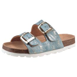 Pantolette Kidsworld, M&auml;dchen, Gr. 31, blau (jeansblau), Lederimitat, metallic, Schuhe Pantolette, Sommerschuh, Strandschuh, Urlaubschuh, Hausschuh mit Schnallen